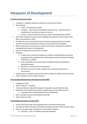 A Level Economics - Measures of Development | Teaching Resources
