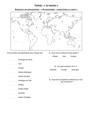 Carte du monde, les continents et océans (World map in French ...