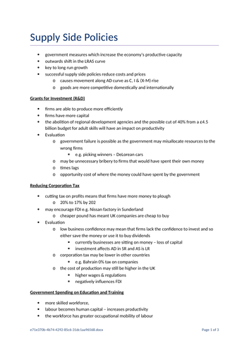 A Level Economics - Supply Side Policies | Teaching Resources