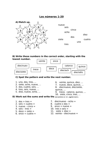 Spanish numbers 1-20 worksheet | Teaching Resources