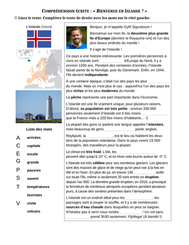 "Bienvenue en Islande !" - 5 exercises with answers around Iceland, its ...