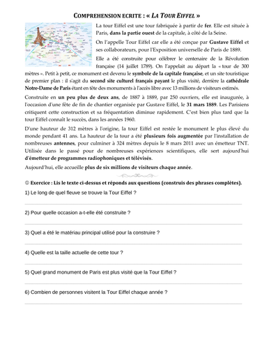 "La Tour Eiffel" - Comprehension & Writing in French about the Eiffel ...