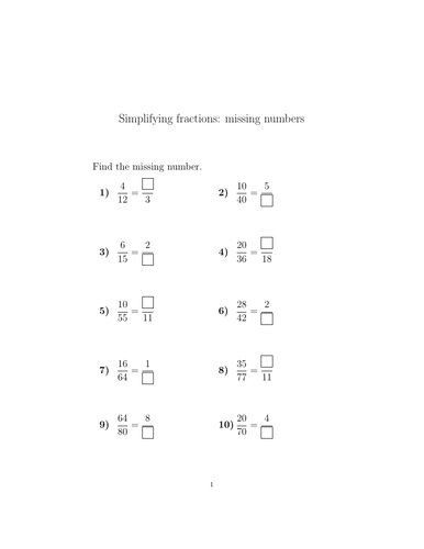 Simplifying fractions: missing numbers worksheet no 2 (with answers ...