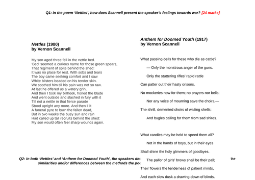 War Exam Q Planning (Unseen Poetry) - GCSE AQA - KS4 | Teaching Resources