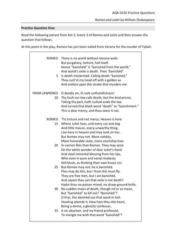 Romeo and Juliet Practice Questions for AQA GCSE | Teaching Resources Romeo and Juliet Practice Questions for AQA GCSE | Teaching Resources
