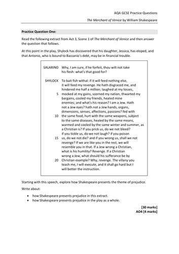 The Merchant of Venice Practice Questions for AQA GCSE | Teaching Resources