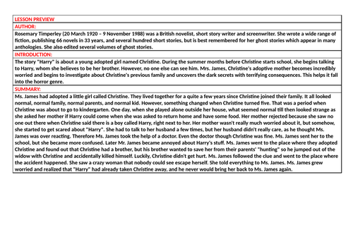 HARRY - STORY COMPREHENSION - TASKS AND EXERCISES | Teaching Resources