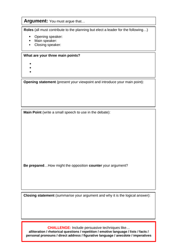 Debate Planning Sheet - KS3/4/5 | Teaching Resources