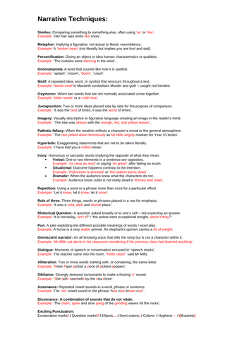 Narrative Techniques List - KS3/4/5 | Teaching Resources