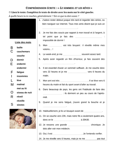 French activity about rest, sleep and dreams - 3 exercises + answers ...