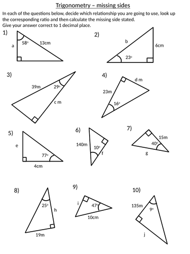 Trigonometry Find The Missing Side Worksheets Answers Trigonometry Find The Missing Side Worksheets Answers
