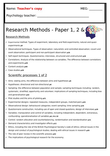 AQA Psychology A level Research Methods - complete workbook | Teaching ...