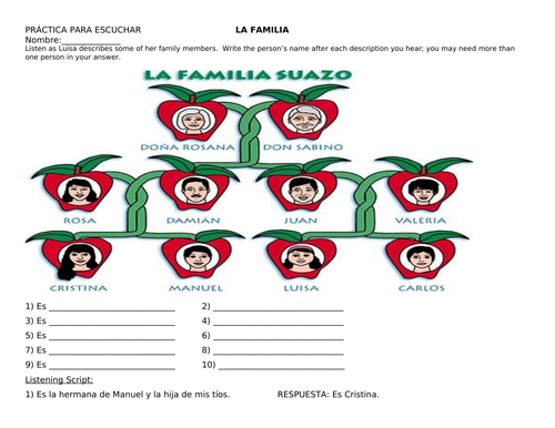 La Familia - Listening Practice Worksheet - Spanish - Year 7 | Teaching ...