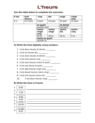 French: Time (L'heure) worksheets | Teaching Resources