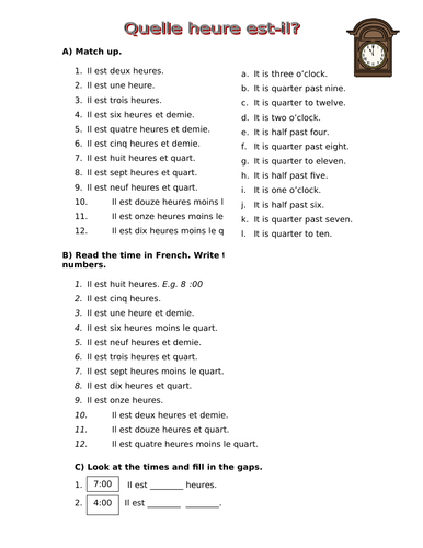 French: Time (L'heure) worksheets | Teaching Resources