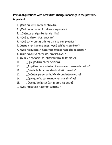 Personal questions meaning change verbs preterit imperfect | Teaching ...