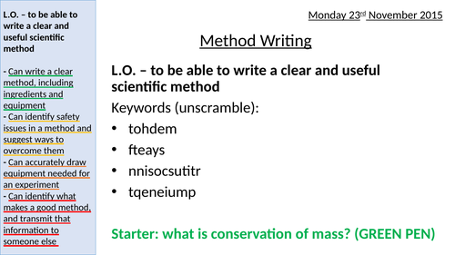 Writing a Method - Practical Experiment Write-up | Teaching Resources