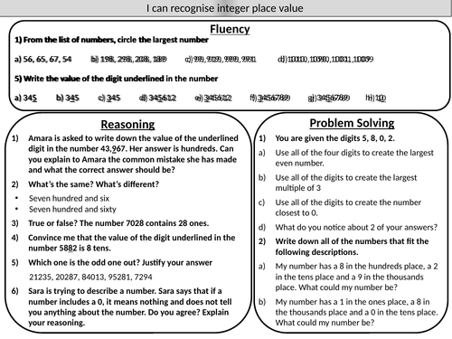 Recognising integer place value - mastery worksheet (year 7 white rose ... Recognising integer place value - mastery worksheet (year 7 white rose ...