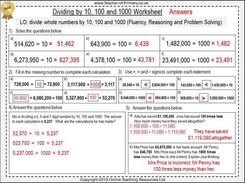 Dividing by 10, 100 and 1000 - Year 5 | Teaching Resources