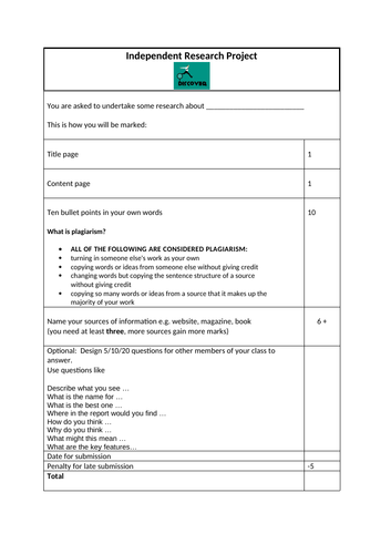 Independent research project template (basic) | Teaching Resources