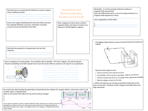 6 Magnetism and electromagnetism IGCSE Physics revision place mats ...