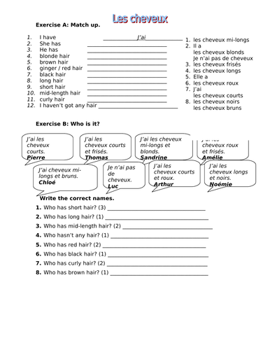 French describing hair worksheet KS3 | Teaching Resources