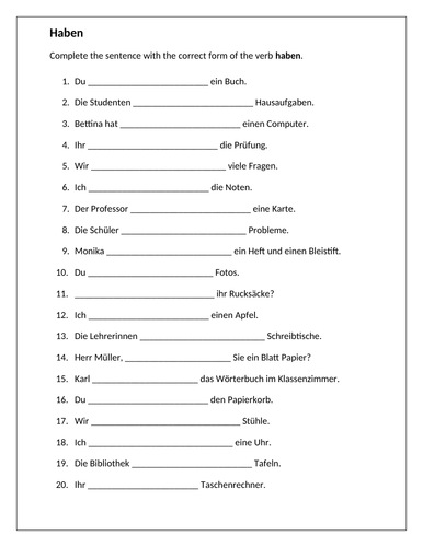 Haben German Verb Worksheet | Teaching Resources
