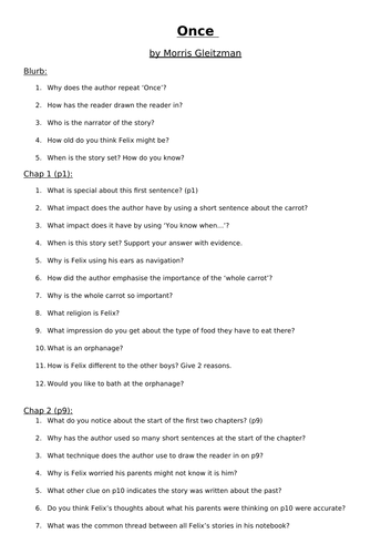 Guided Reading questions for the whole of 'Once' by Morris Gleitzman ...