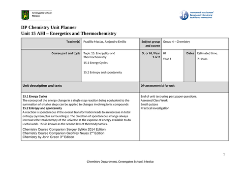 Unit Plan IB Hl Topic 15 Chemistry Energetics and Thermodynamics ...