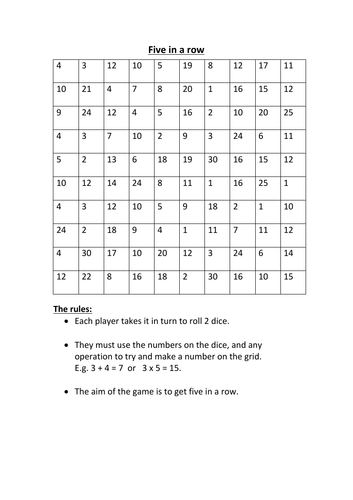 5 in a row - dice and number game | Teaching Resources