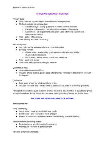 Research Methods Notes | Teaching Resources