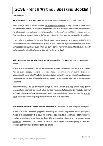 FREE SAMPLE - GCSE French Writing & Speaking Booklet + model answers ...