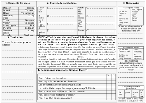 French - films - émissions - media topic (reading, grammar, translation ...