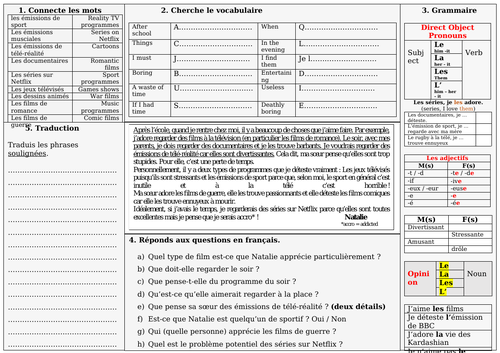 French - films - émissions - media topic (reading, grammar, translation ...