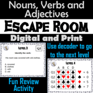 Nouns Verbs and Adjectives Escape Room Parts of Speech | Teaching Resources