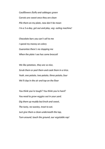 Vegetable Rap for Harvest or other performance | Teaching Resources