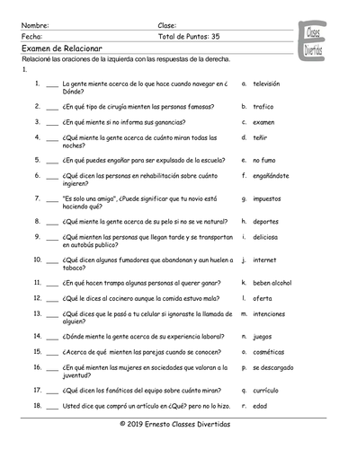 Cheaters and Dishonesty Spanish Matching Exam | Teaching Resources