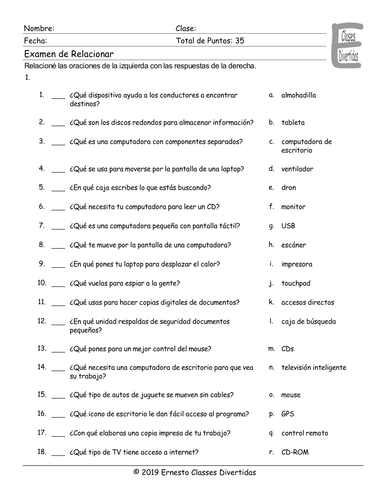 Computer Technology Spanish Matching Exam | Teaching Resources