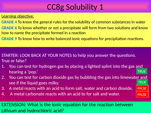 GCSE EDEXCEL Science 9-1 - Chemistry - CC8g Solubility | Teaching Resources