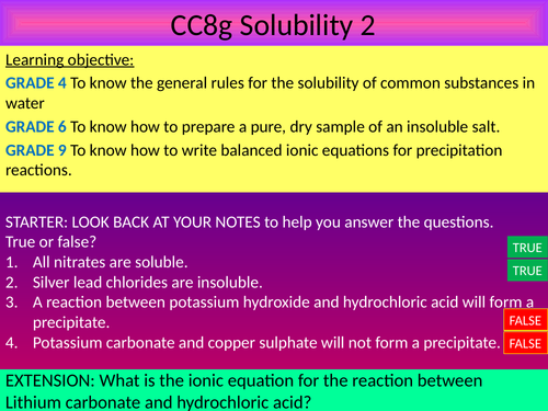 GCSE EDEXCEL Science 9-1 - Chemistry - CC8g Solubility | Teaching Resources