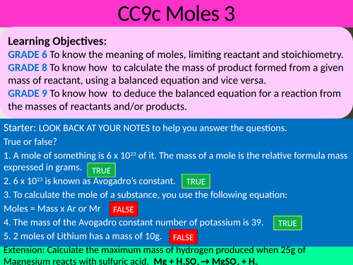 GCSE EDEXCEL Science 9-1 - Chemistry - CC9c Moles | Teaching Resources