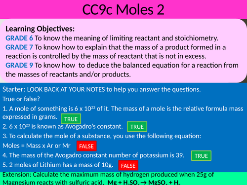 GCSE EDEXCEL Science 9-1 - Chemistry - CC9c Moles | Teaching Resources