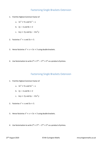 Factorising Single Brackets Extension | Teaching Resources Factorising Single Brackets Extension | Teaching Resources
