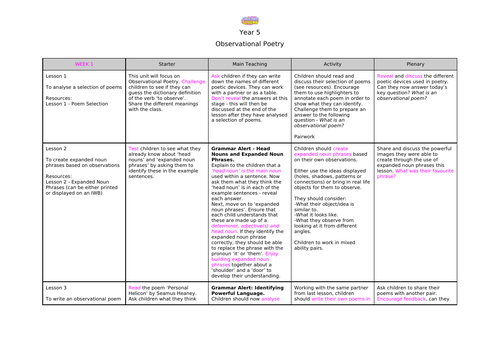 Year 5: Observational Poetry (Week 1 of 2) | Teaching Resources