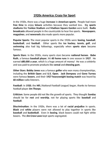 Sports and Leisure in 1920s America | Teaching Resources