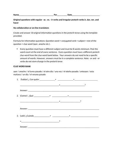 Original questions preterit | Teaching Resources