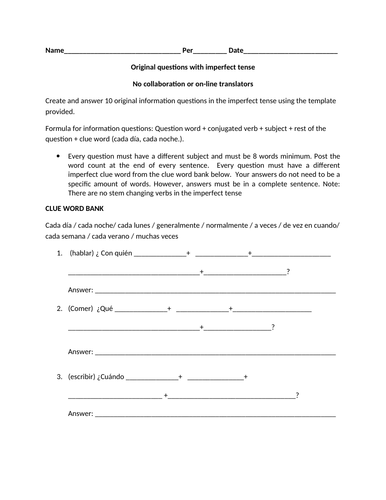 Original questions imperfect tense | Teaching Resources