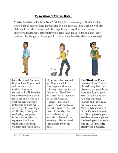 English Fun Reading: Who Should Maria Date? Hobbies and Activities (ESL ...