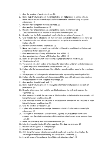 AS Biology Cells Rapid Recall Questions | Teaching Resources