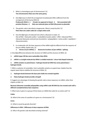 AS Biology Genetic information and Variation Rapid Recall Questions ...